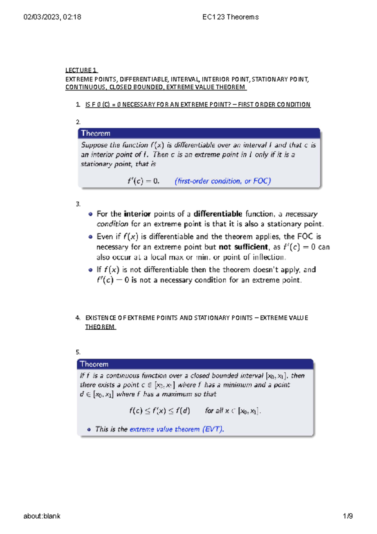 EC123 Theorems - LECTURE 1 EXTREME POINTS, DIFFERENTIABLE, INTERVAL ...