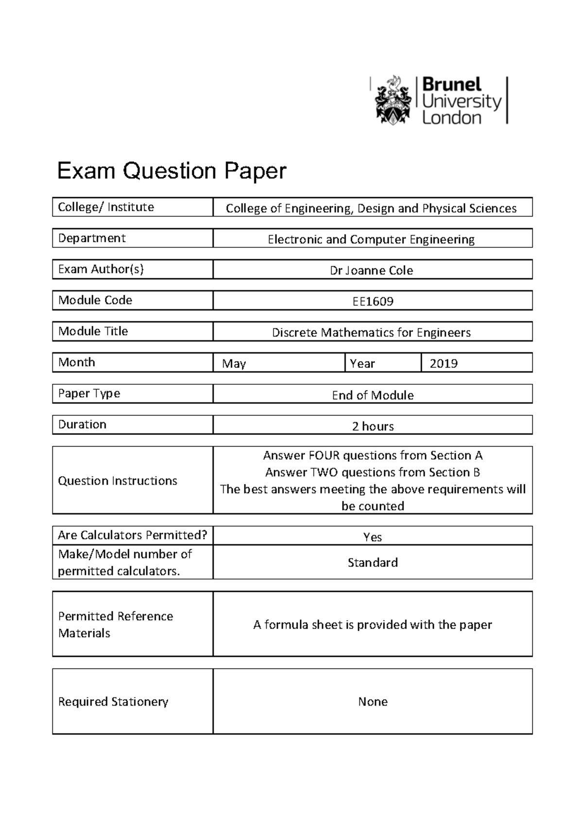 EE1609 May Final Q - Exam Question Paper College/ Institute College of ...