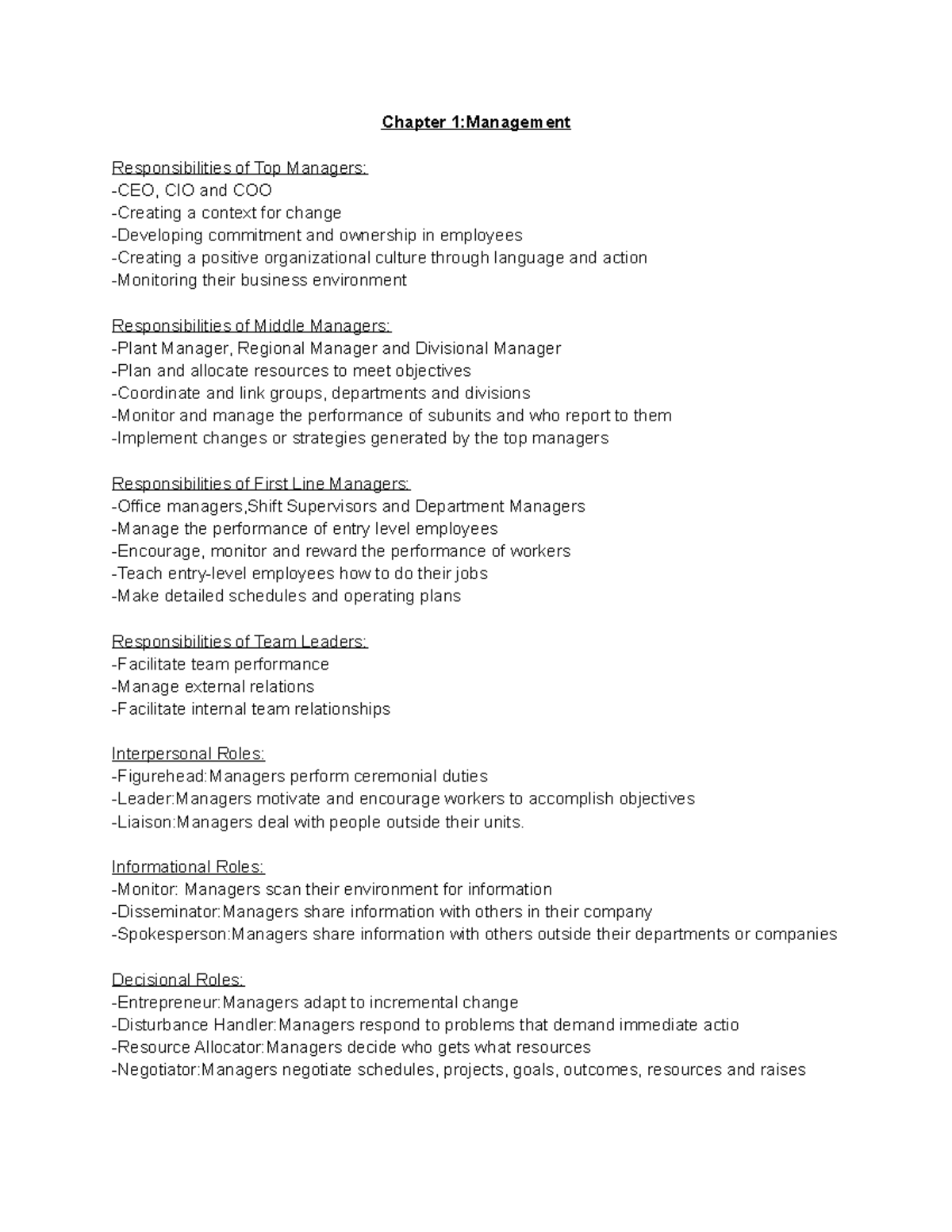Managment Powerpoint Notes - Chapter 1:Management Responsibilities of ...