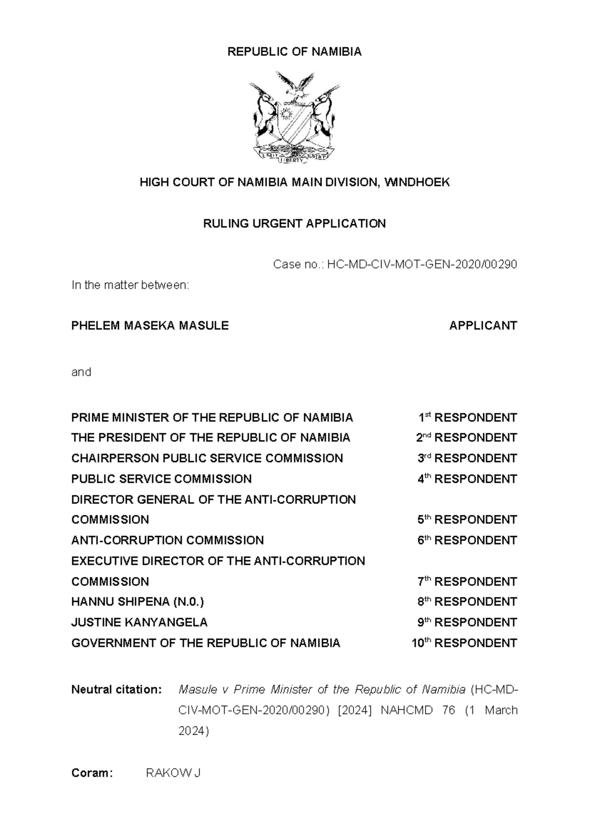 Masule v Prime Minister of the Republic of Namibia and Others ...