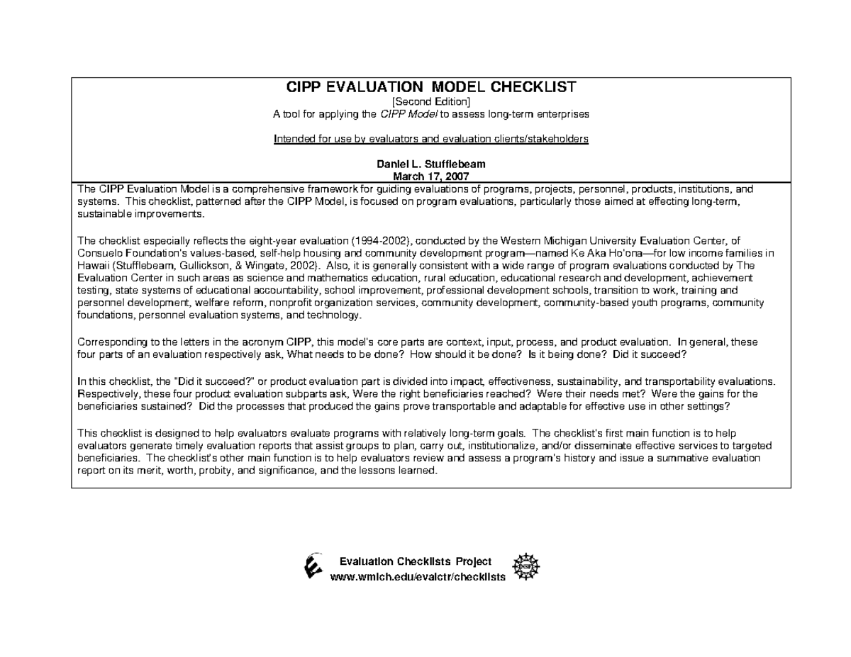 CIPP Model Checklist - Evaluation Checklists Project wmich/evalctr ...