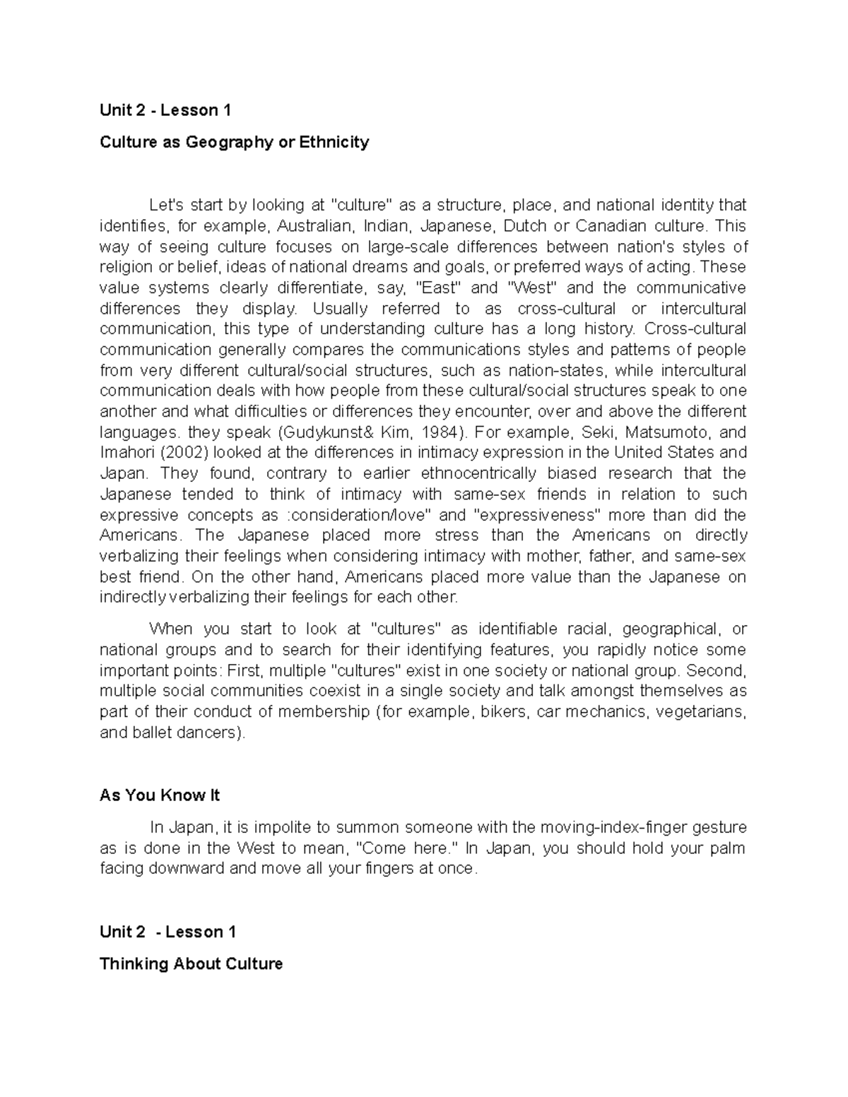 Culture as Geography or Ethnicity and Thinking About Culture - Unit 2 ...