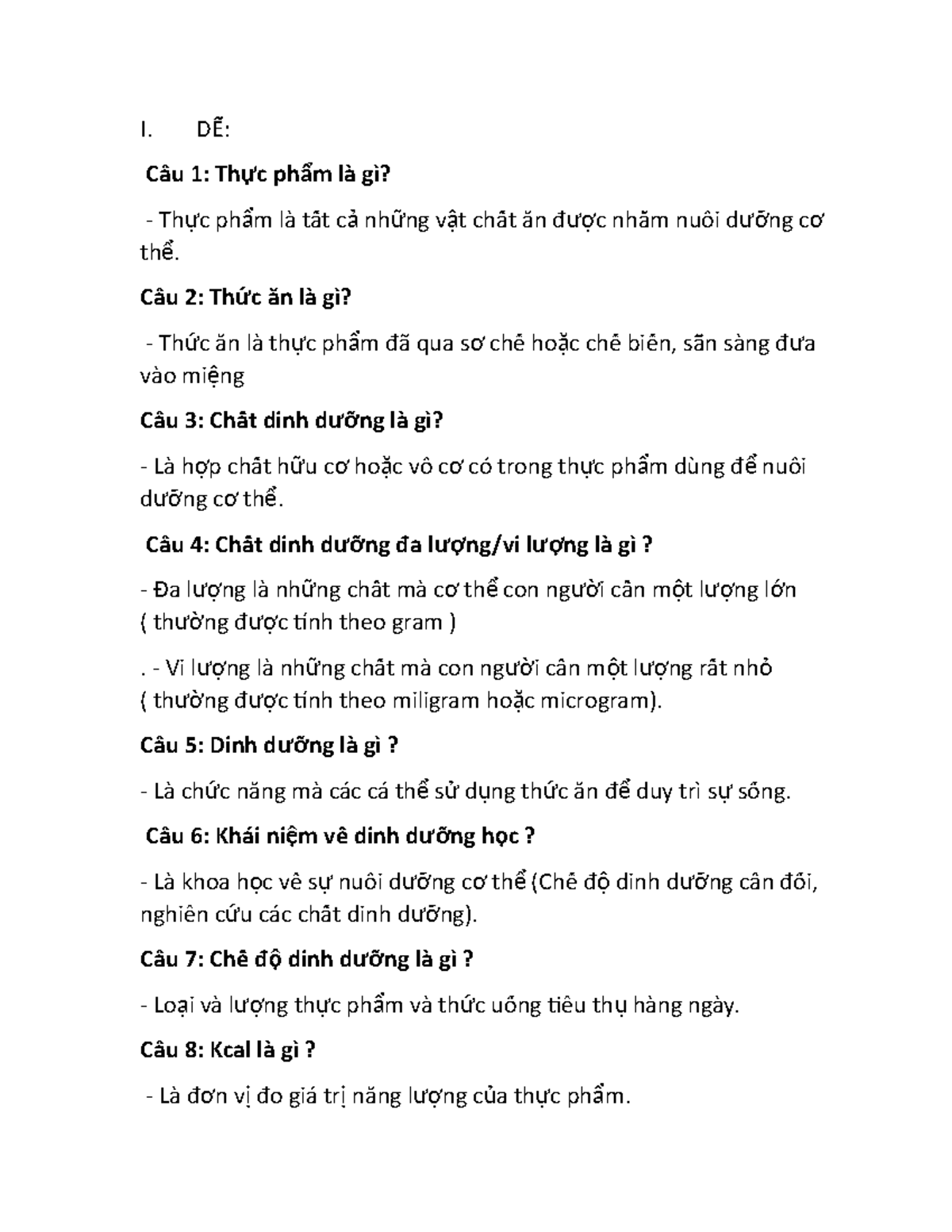 Hóa đại cươngggggg - I. DỄỄ: Câu 1: Th ực ph m là gì? ẩ Th c ph m là tấất cự ẩ ả nh ng v t chấất ...