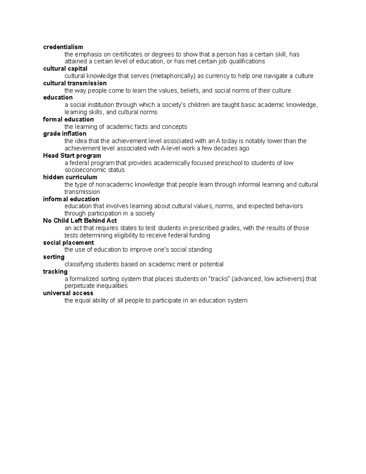 Chapter 16 - Vocab that I wrote to study - credentialism the emphasis ...