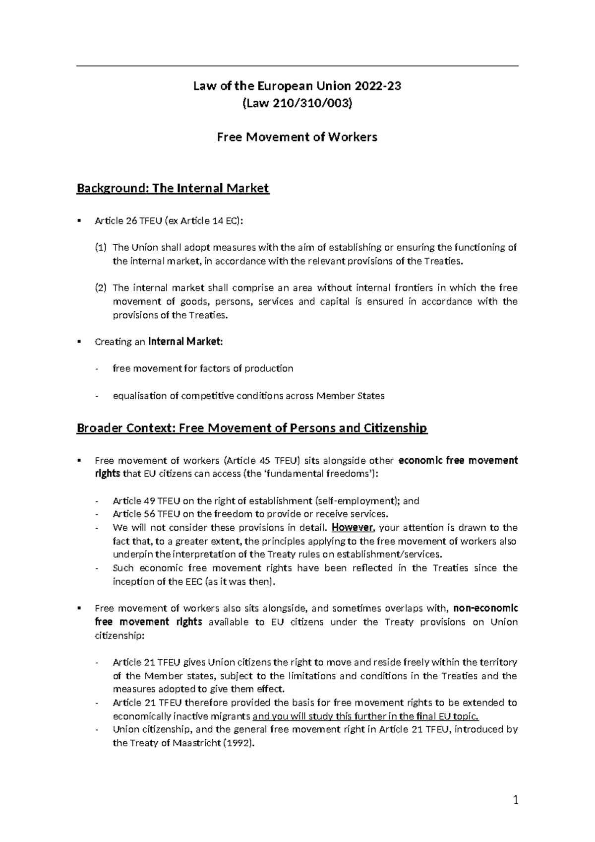 Handout - Free Movement of Workers - 2223 - Law of the European Union ...