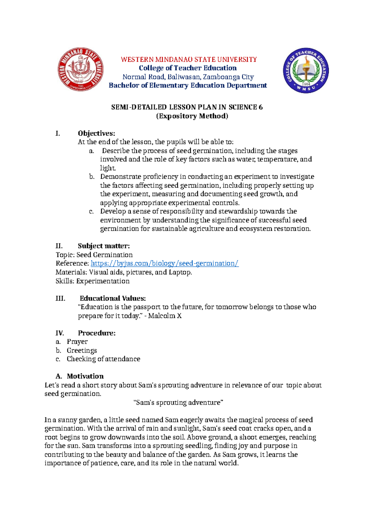 Expository-method - Lesson plan - WESTERN MINDANAO STATE UNIVERSITY ...