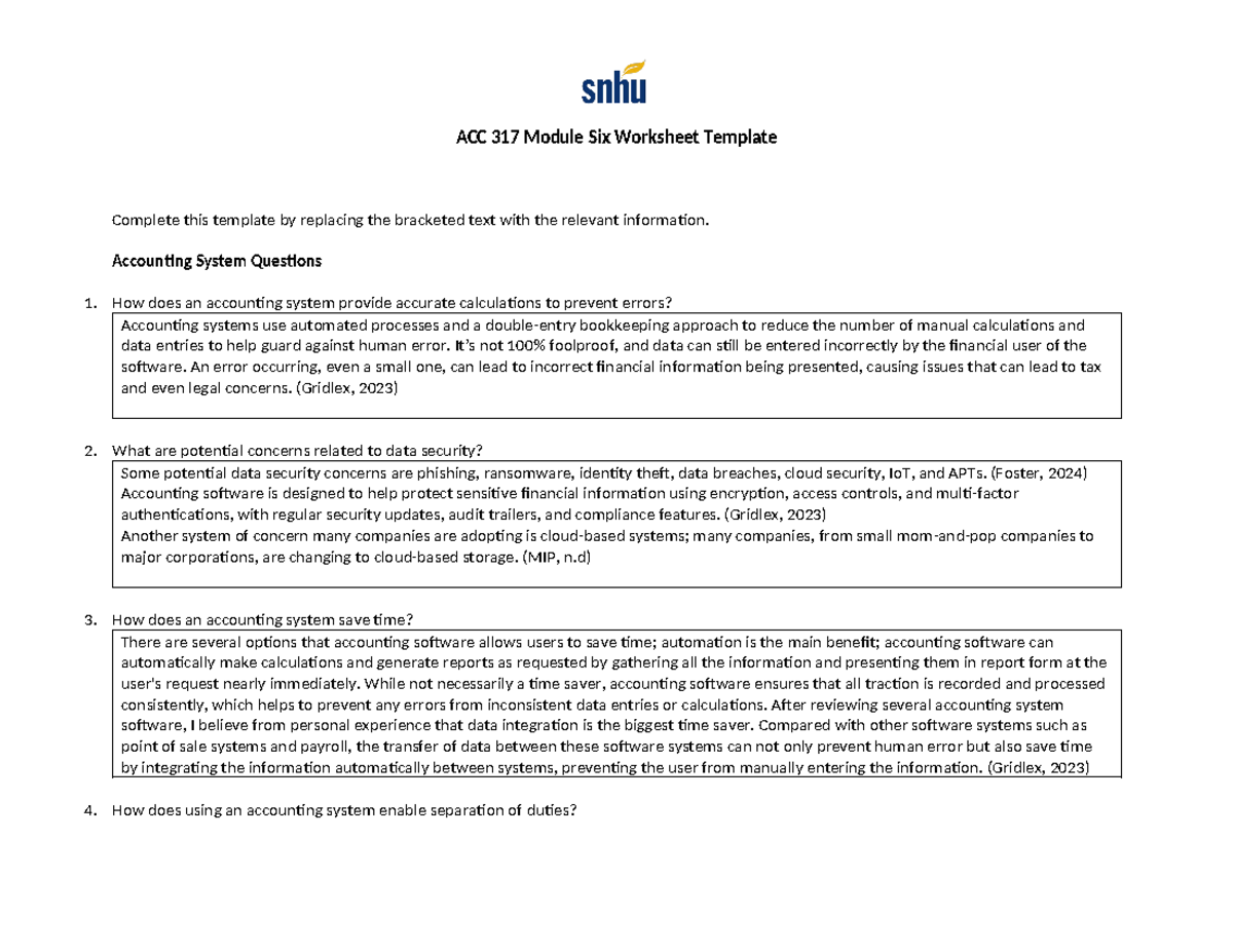 ACC 317 Module Six Worksheet - Accounting System Questions How does an ...
