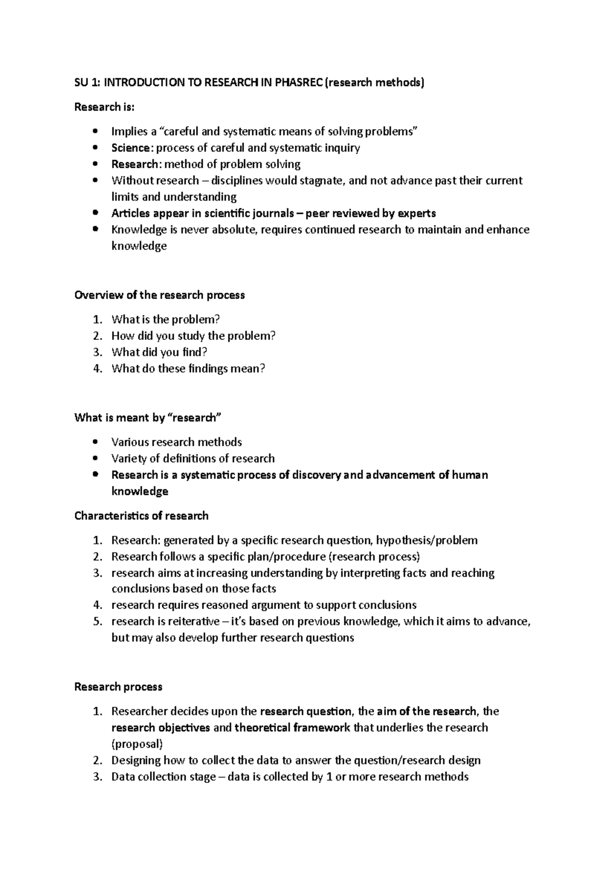 HMSC 324 SU 1 AND 2 - Entails the definitions of the research methods ...