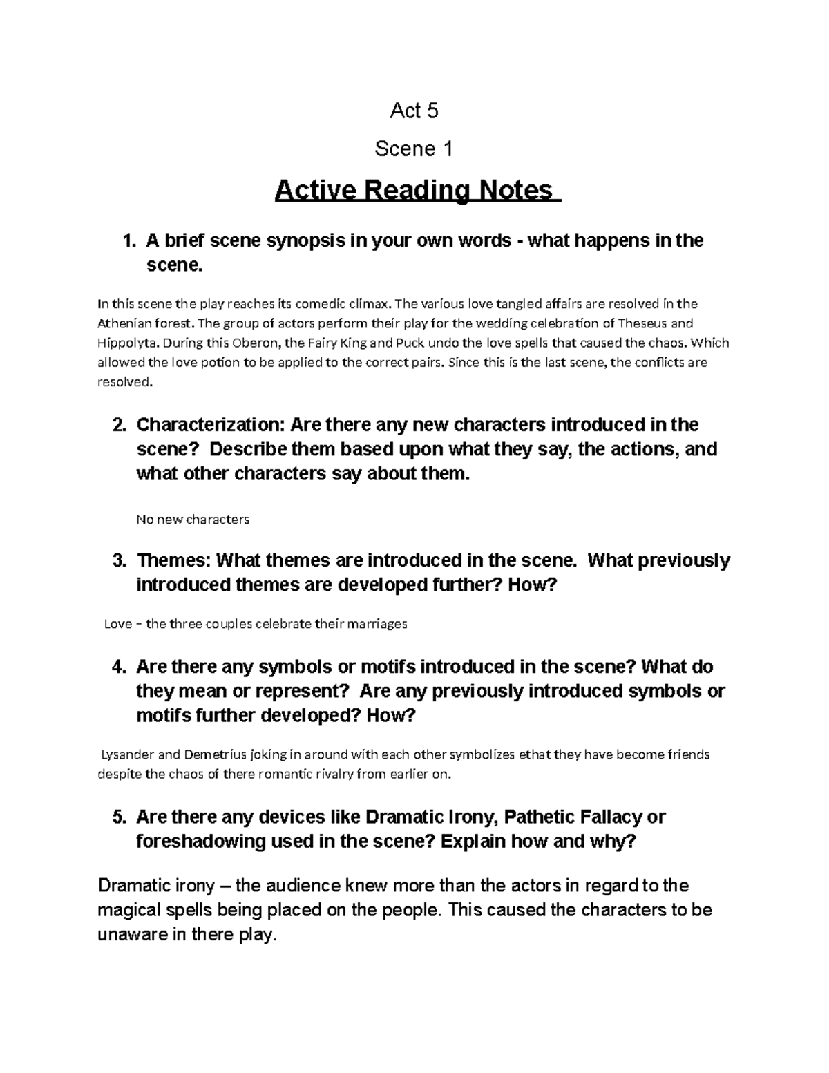 Act 5 - Questions and Answers - Act 5 Scene 1 Active Reading Notes 1. A ...