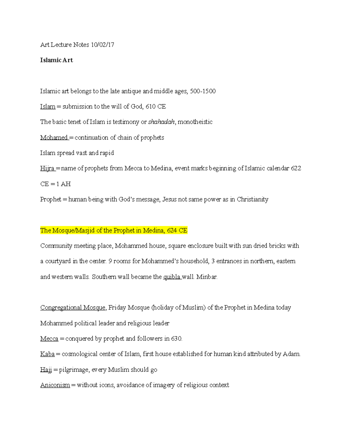 Art Lecture Notes islamic art 10:2 - Art Lecture Notes 10/02/17 Islamic ...