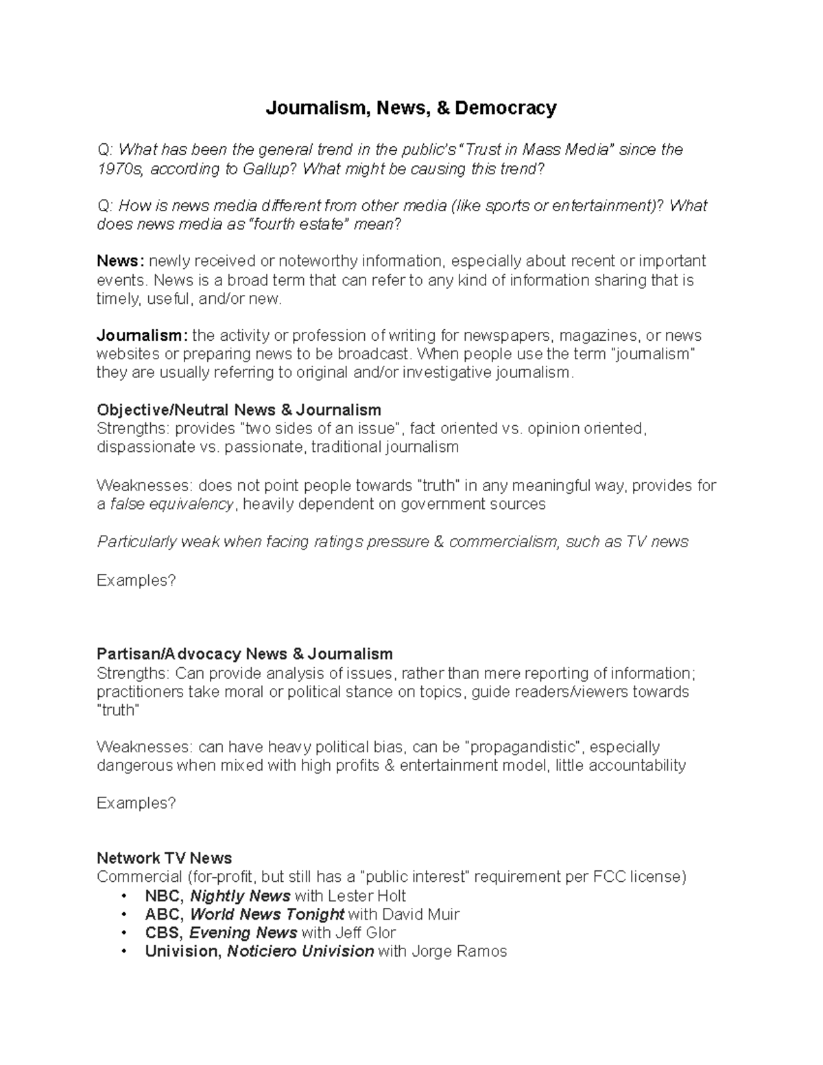 Journalism News notes for students - Journalism, News, & Democracy Q ...