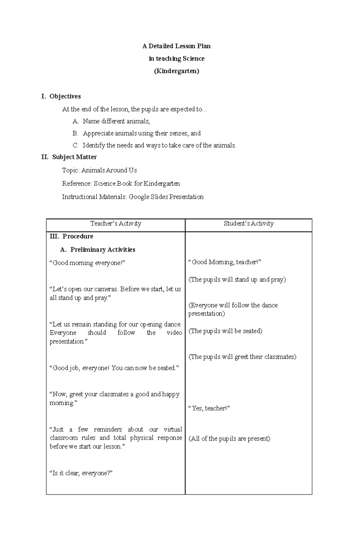 Detailed Lesson Plan Science - Kindergarten (Animals Around Us) - A ...