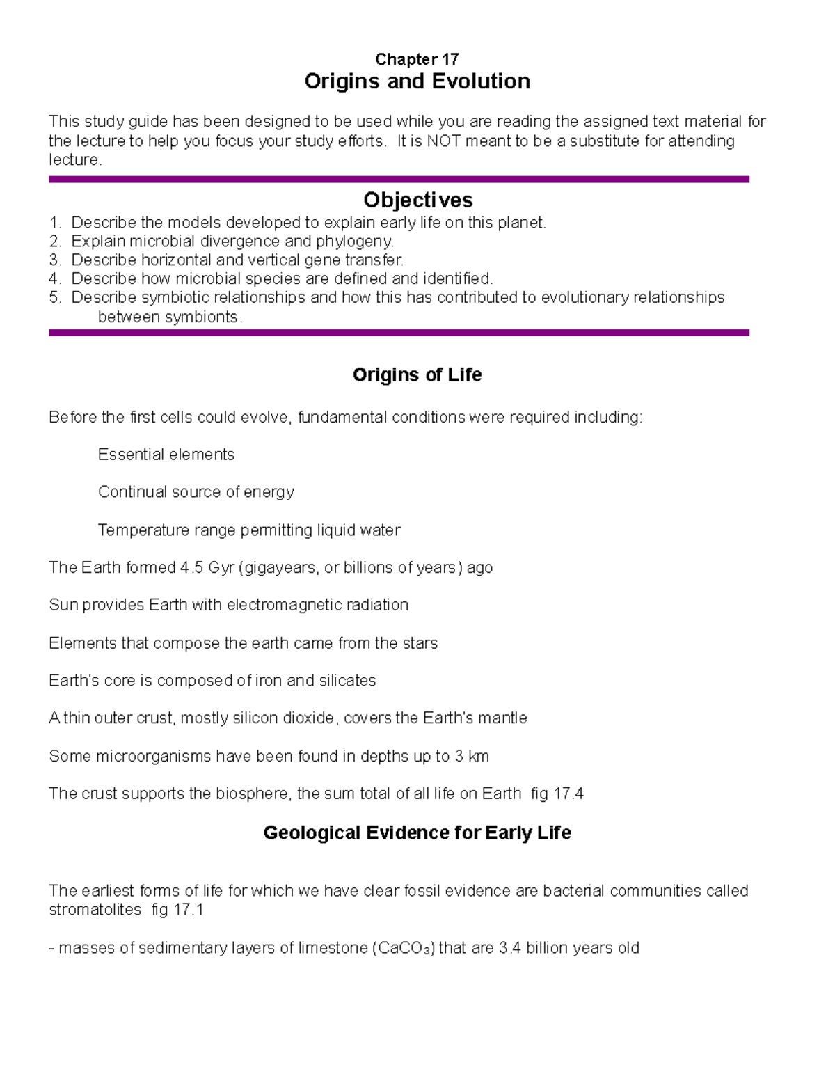 Chapter 17 outline - Chapter 17 Origins and Evolution This study guide ...