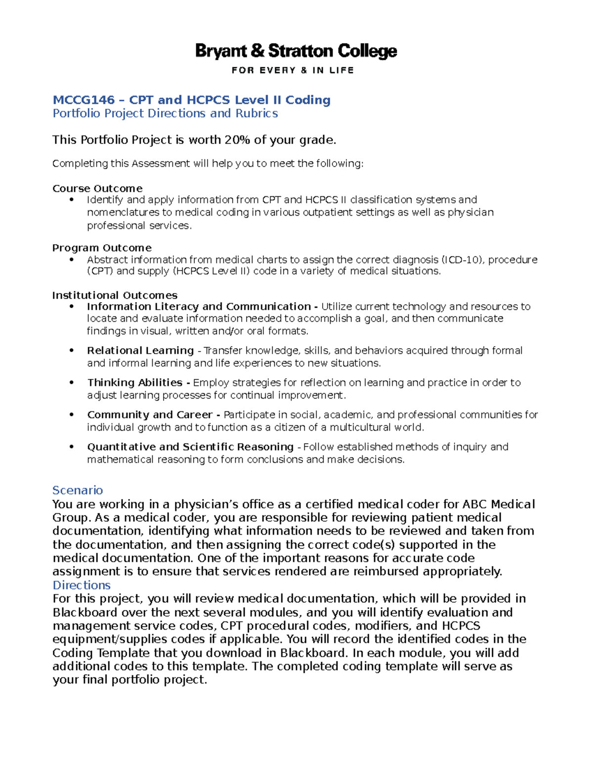 MCCG146 - Portfolio Project Directions and Rubrics - MCCG146 – CPT and ...