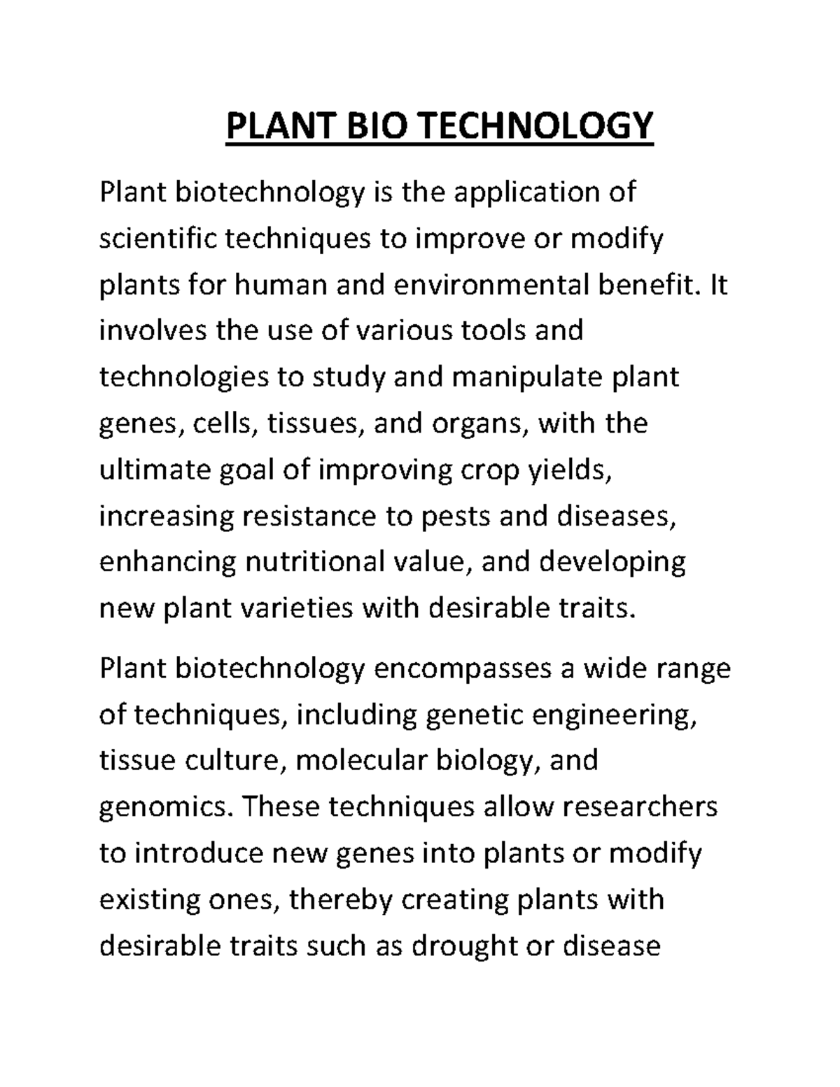 Plant BIO Technology 1 - PLANT BIO TECHNOLOGY Plant biotechnology is ...
