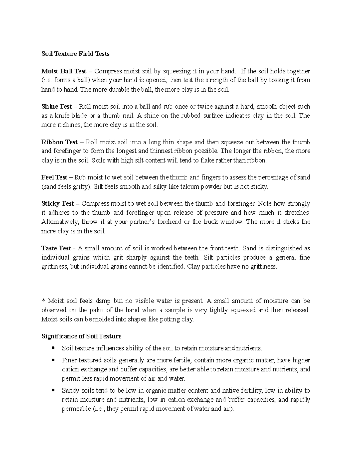 Soil Texture Field Tests notes - Soil Texture Field Tests Moist Ball ...