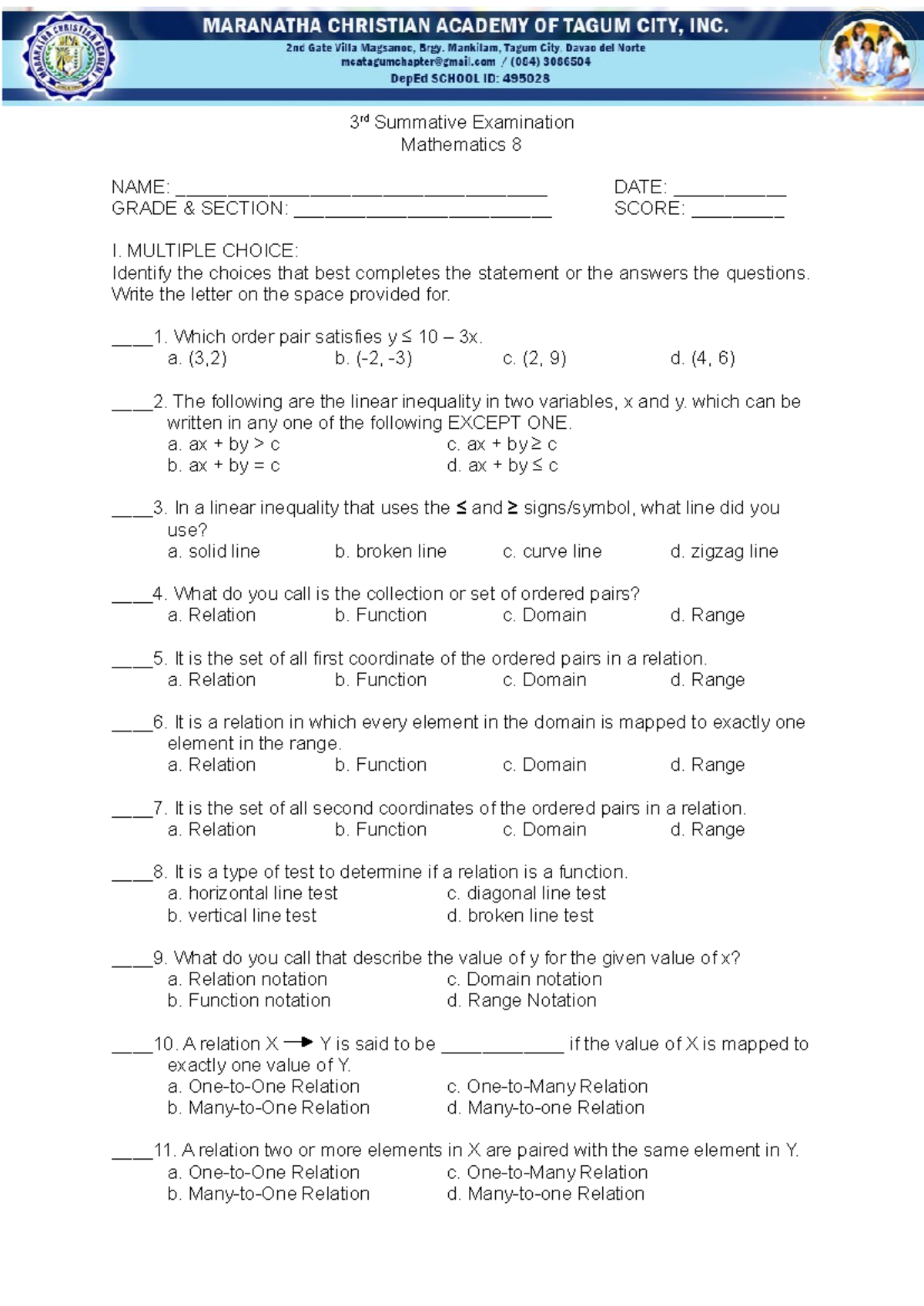 3rd Summative Examination - 3 rd Summative Examination Mathematics 8 ...