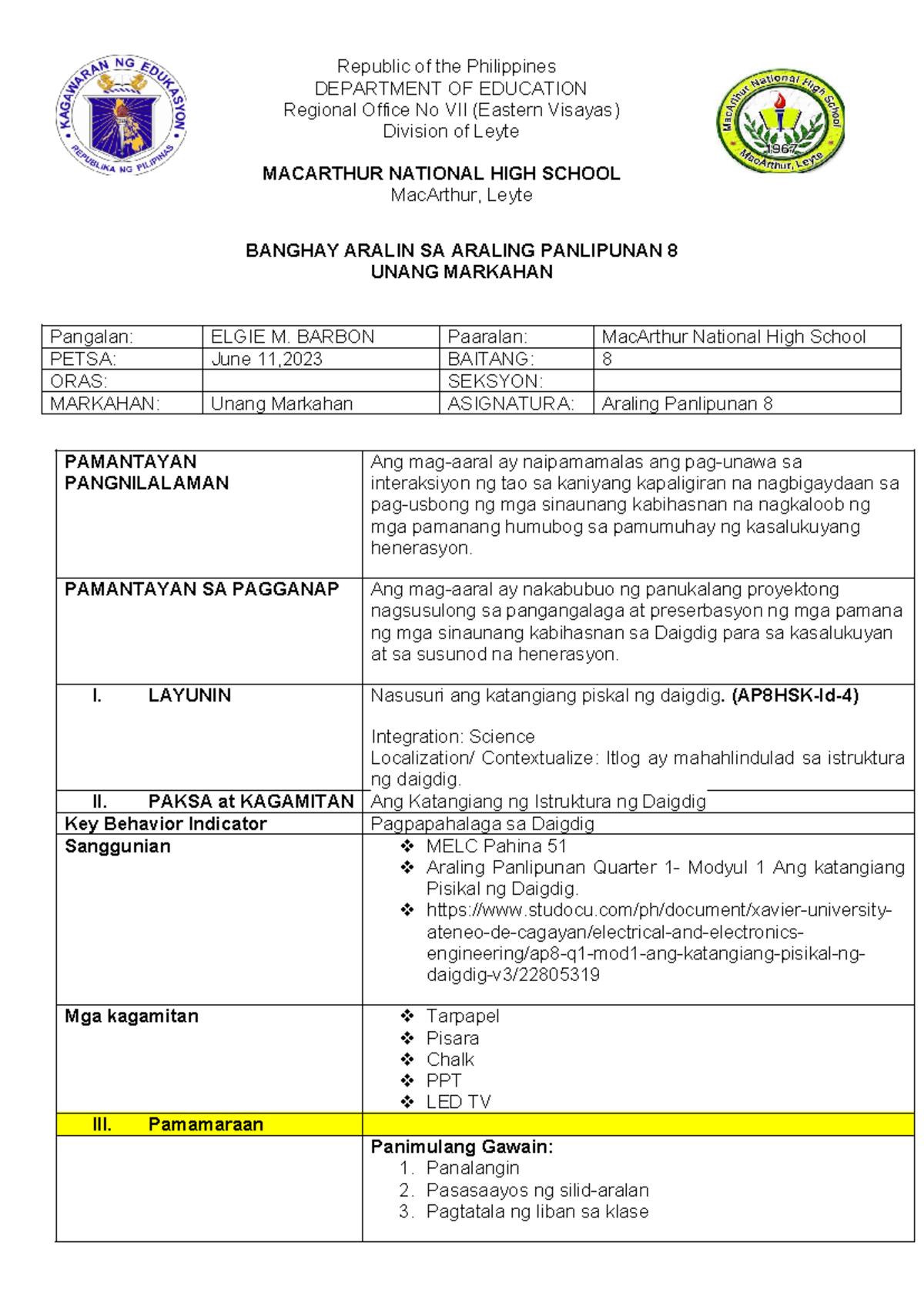 Lesson plan for pre service teacher - Republic of the Philippines ...