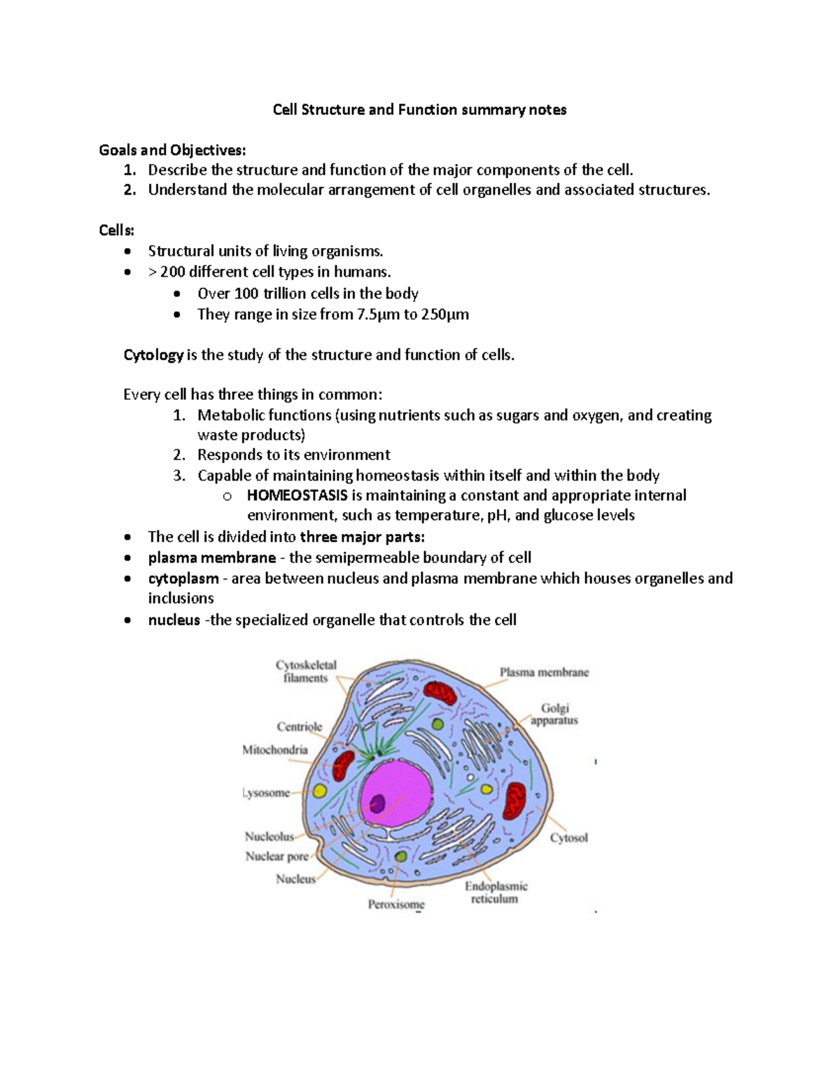 Cell structure and function course summary - Cell Structure and ...