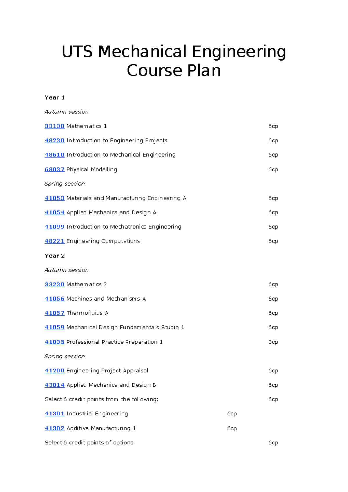 Mechanical Engineering Study Plan - UTS Mechanical Engineering Course ...