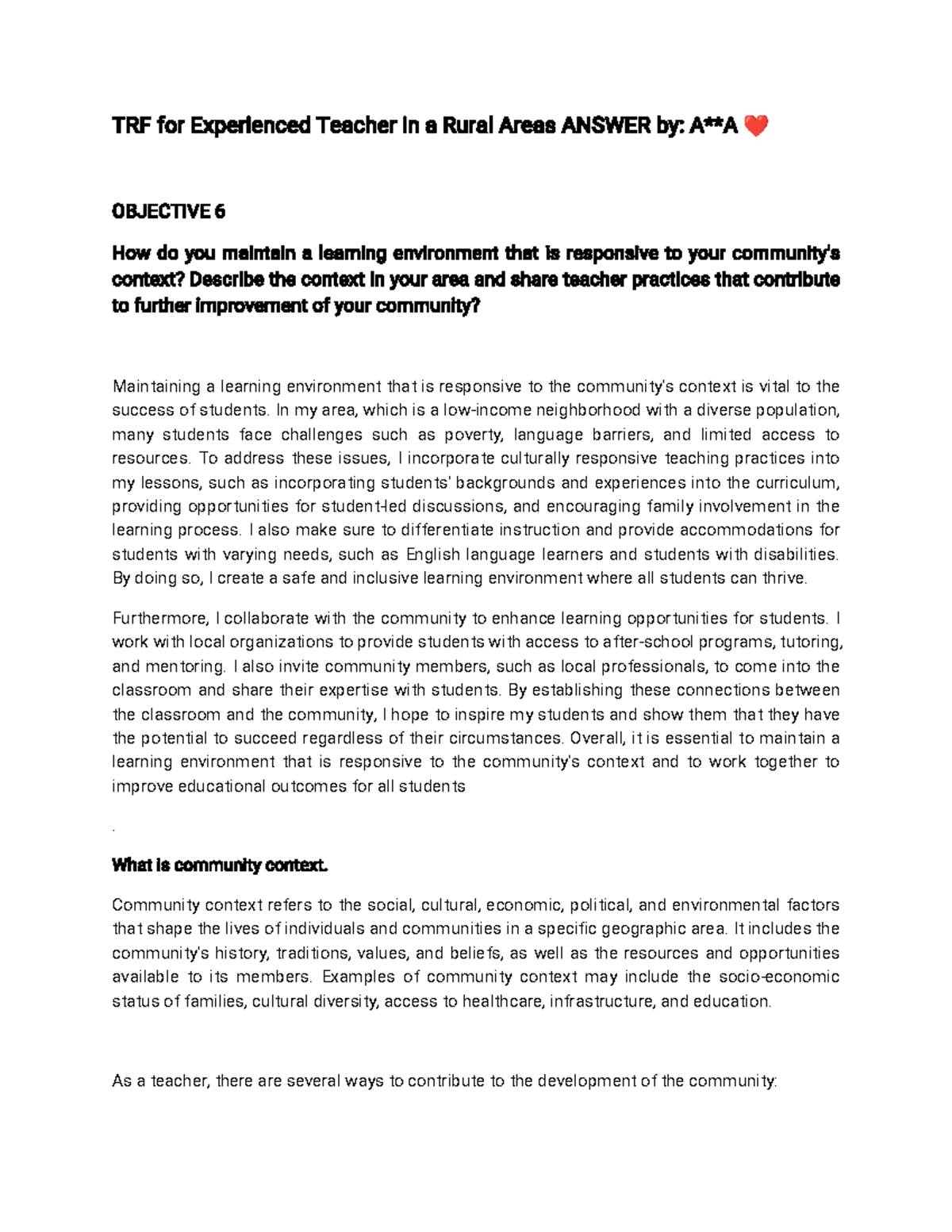 TRF Ans 4 - Answer - TRF for Experienced Teacher in a Rural Areas ...