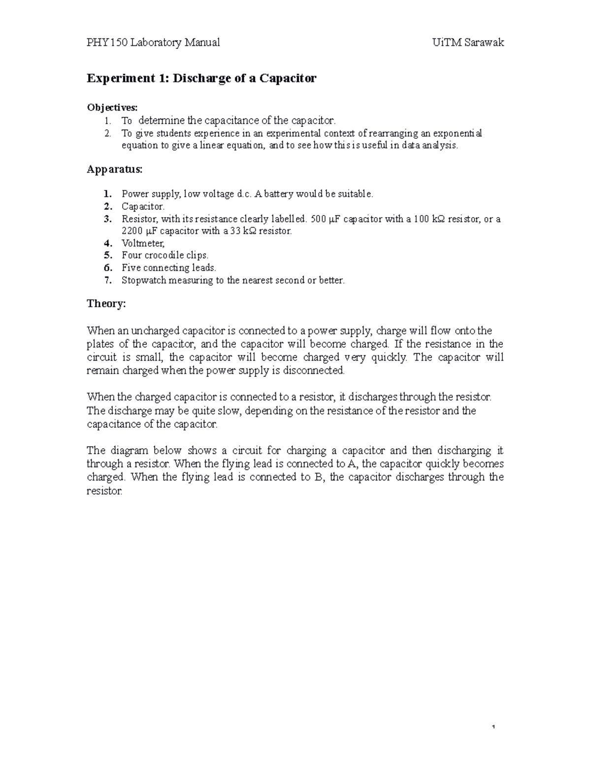 Experiment 1 discharge of capacitor - PHY150 Laboratory Manual UiTM Sarawak Experiment 1 ...