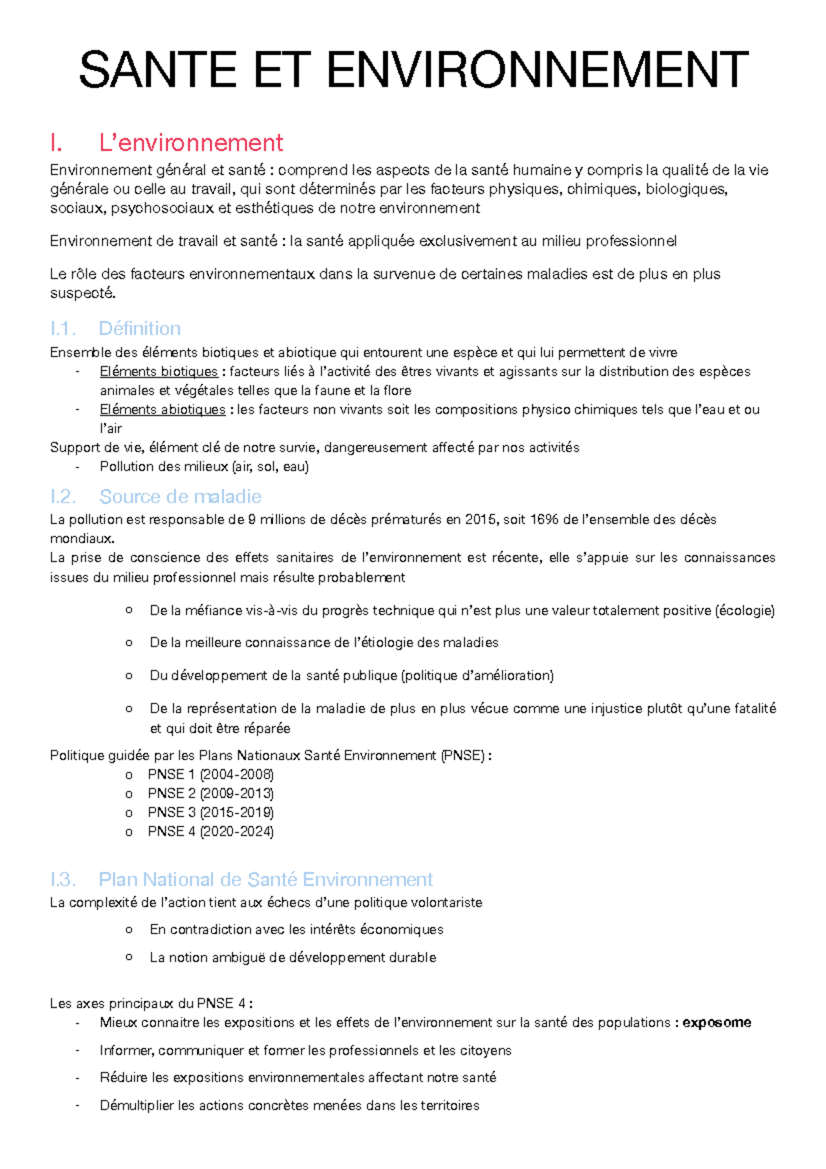 Santé et environnement - SANTE ET ENVIRONNEMENT I. L’environnement ...