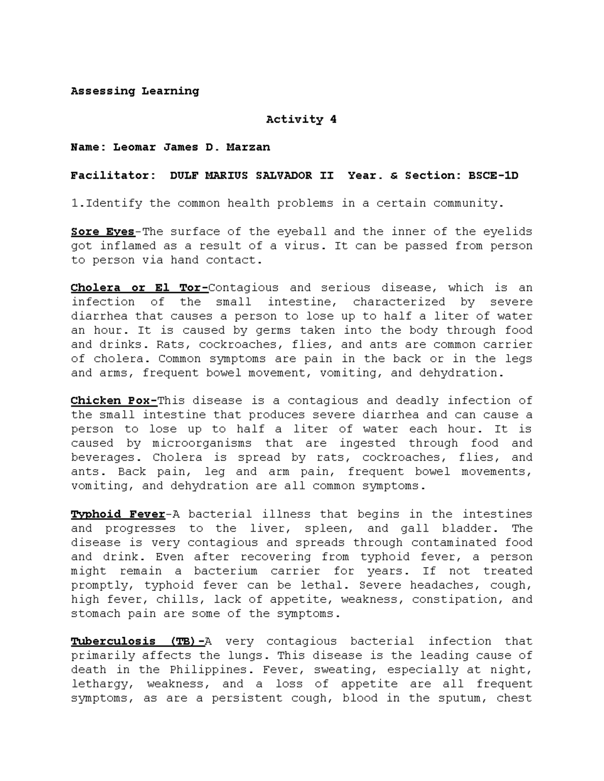 Marzan Leomar James D - question and answer on activities - Assessing ...