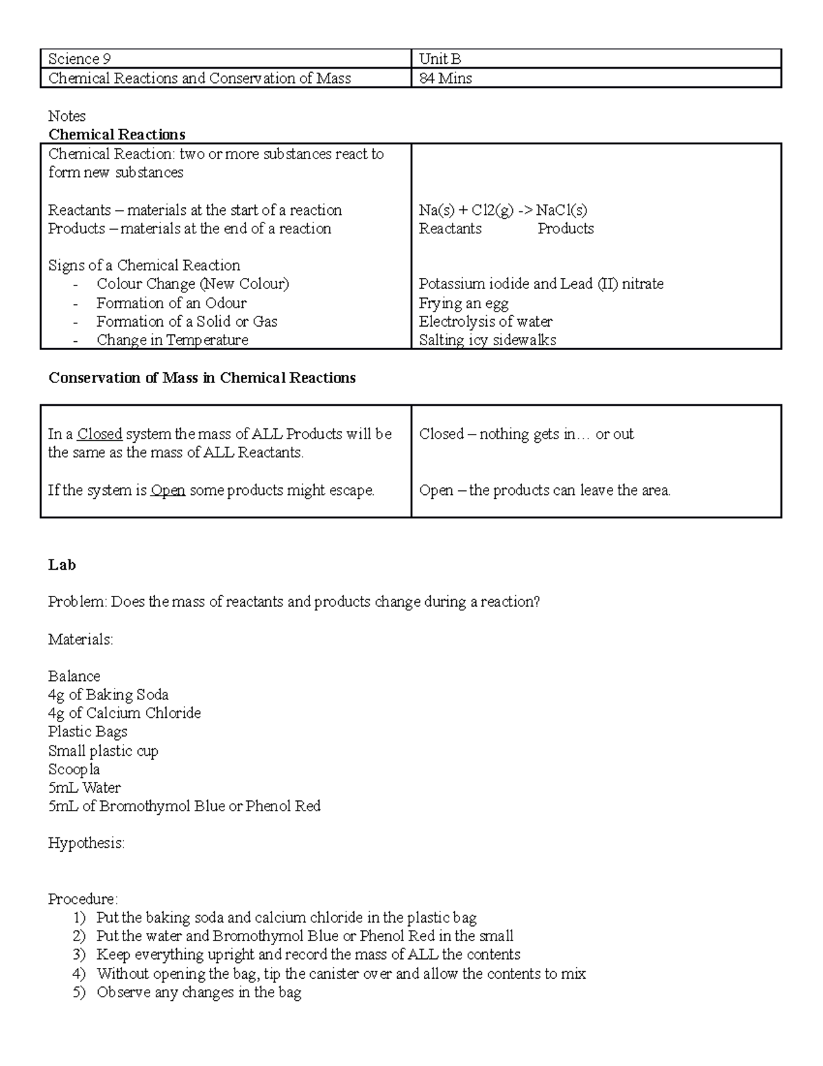 Science 9 - Unit B - Lesson 9 - Science 9 Unit B Chemical Reactions and ...