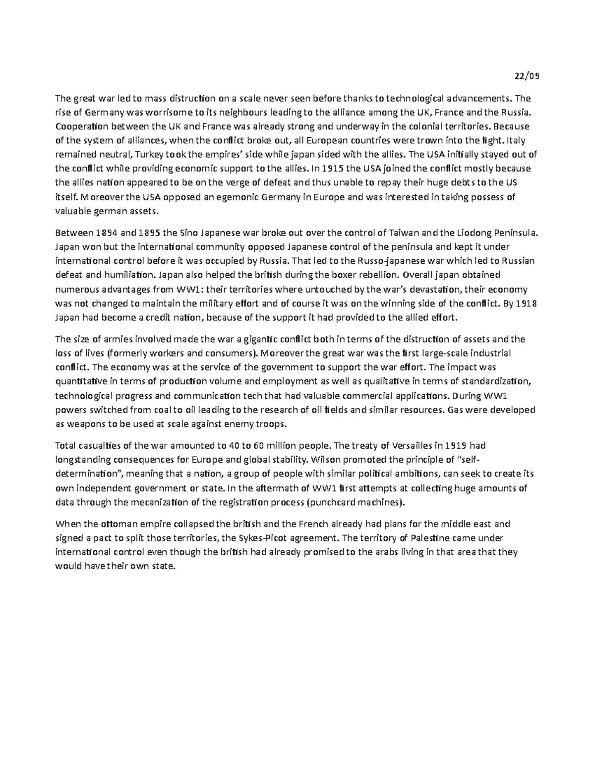 History - notes - 22/ The great war led to mass distruction on a scale ...