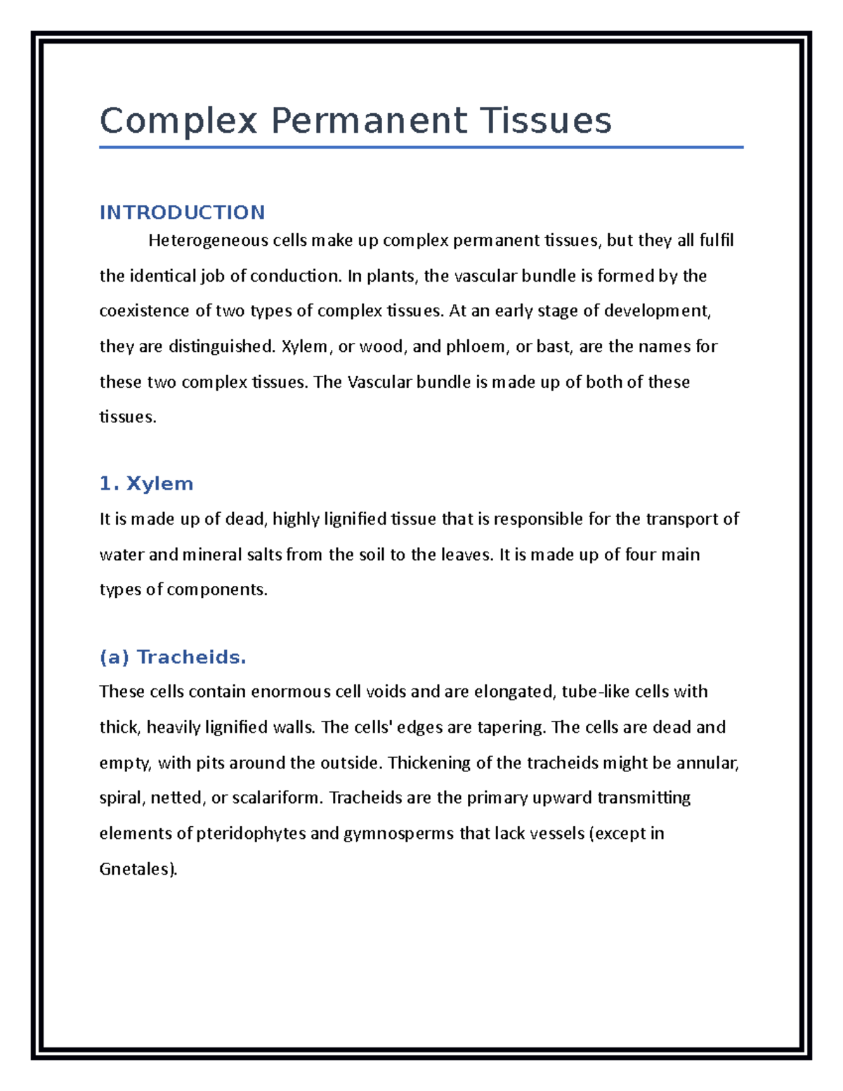 Overview OF Complex Permanent Tissues - Bachelor of Science - BHU - Studocu