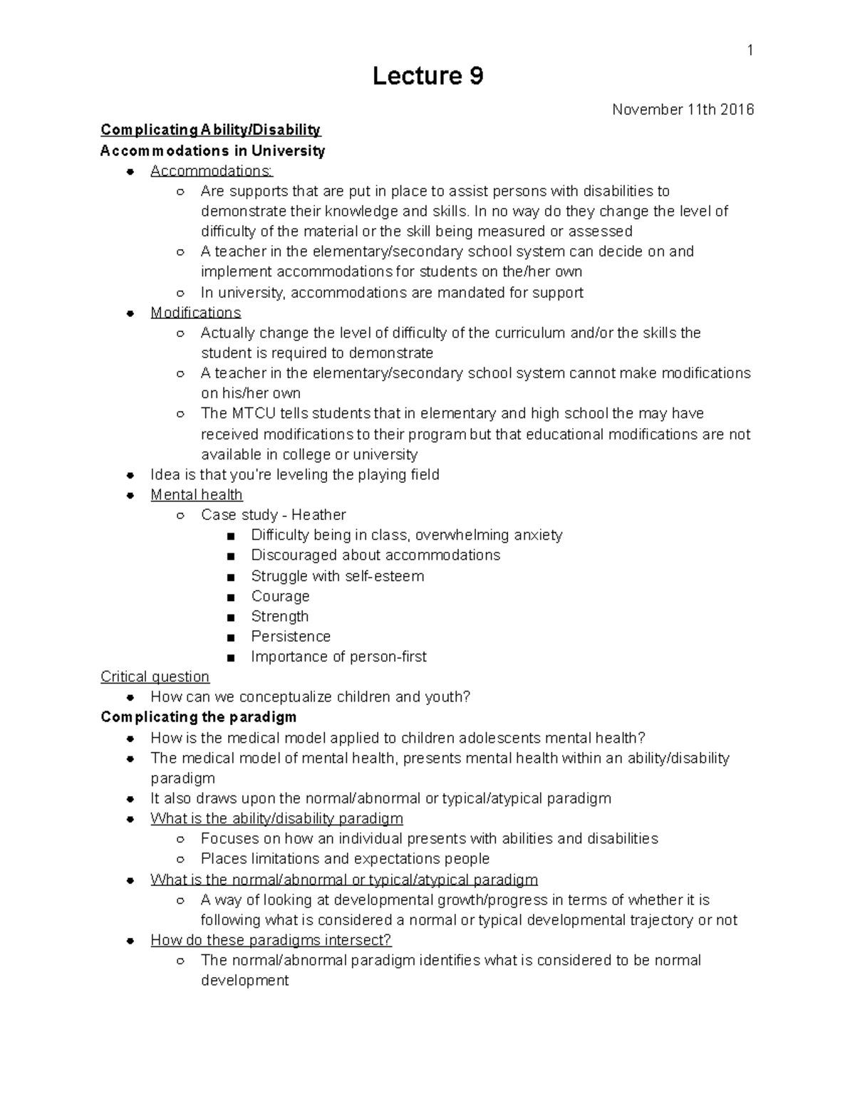 Lecture 09 Nov 11 - Danielle Molnar & Shauna Pomerantz - 1 Lecture 9 ...