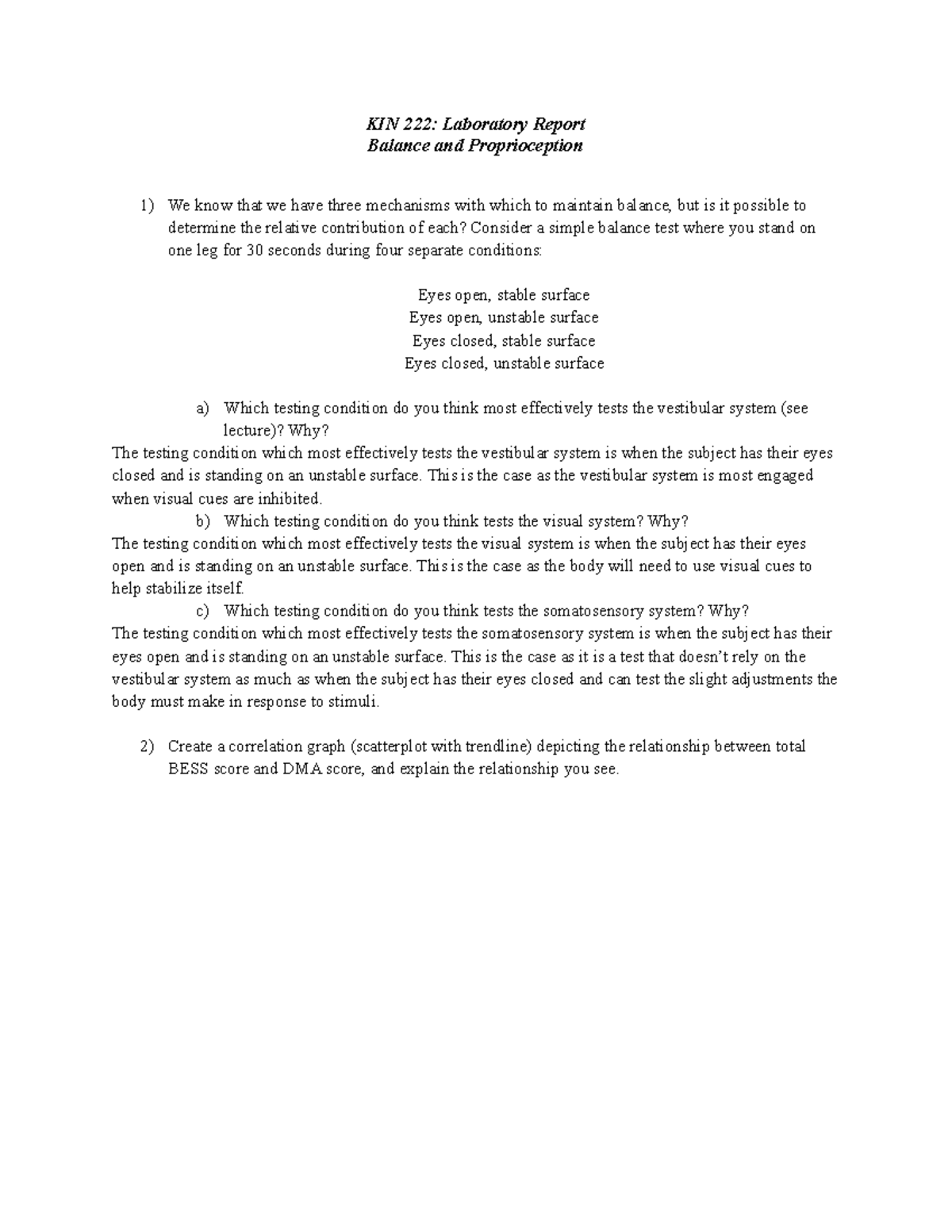 Balance lab - KIN 222: Laboratory Report Balance and Proprioception We ...