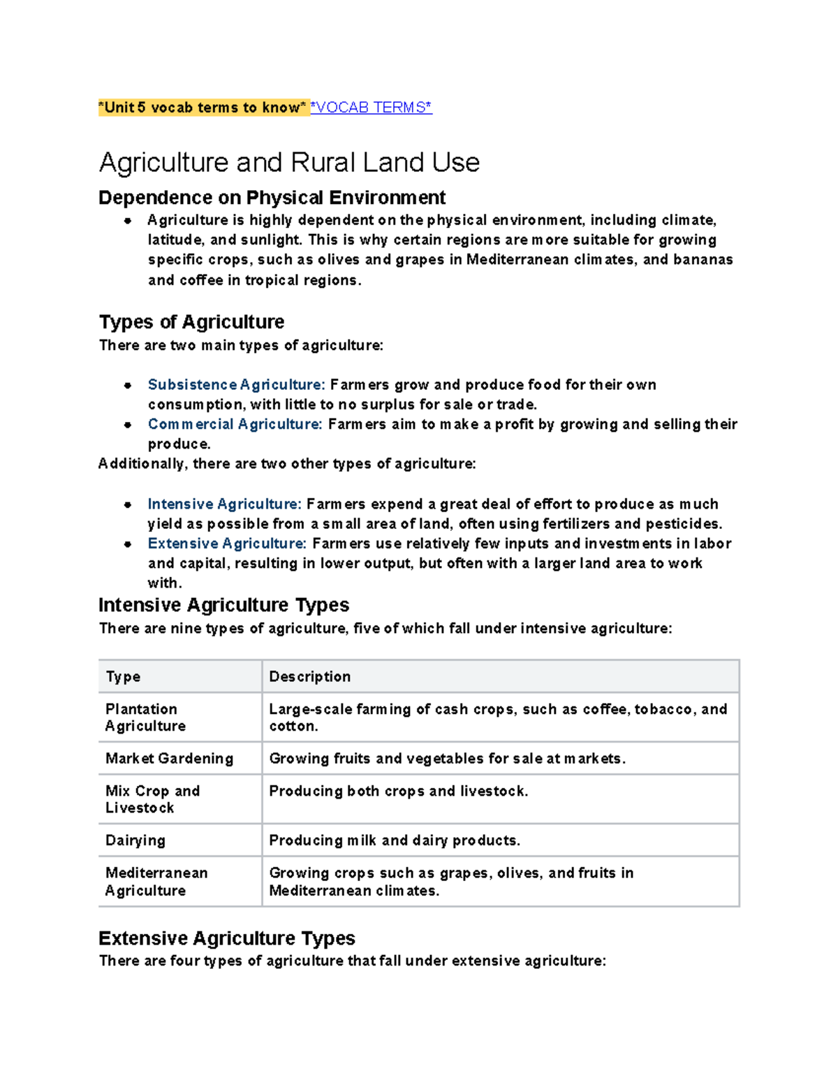 Unit 5 Agriculture and Rural Land-Use Patterns and Processes - Unit 5 ...