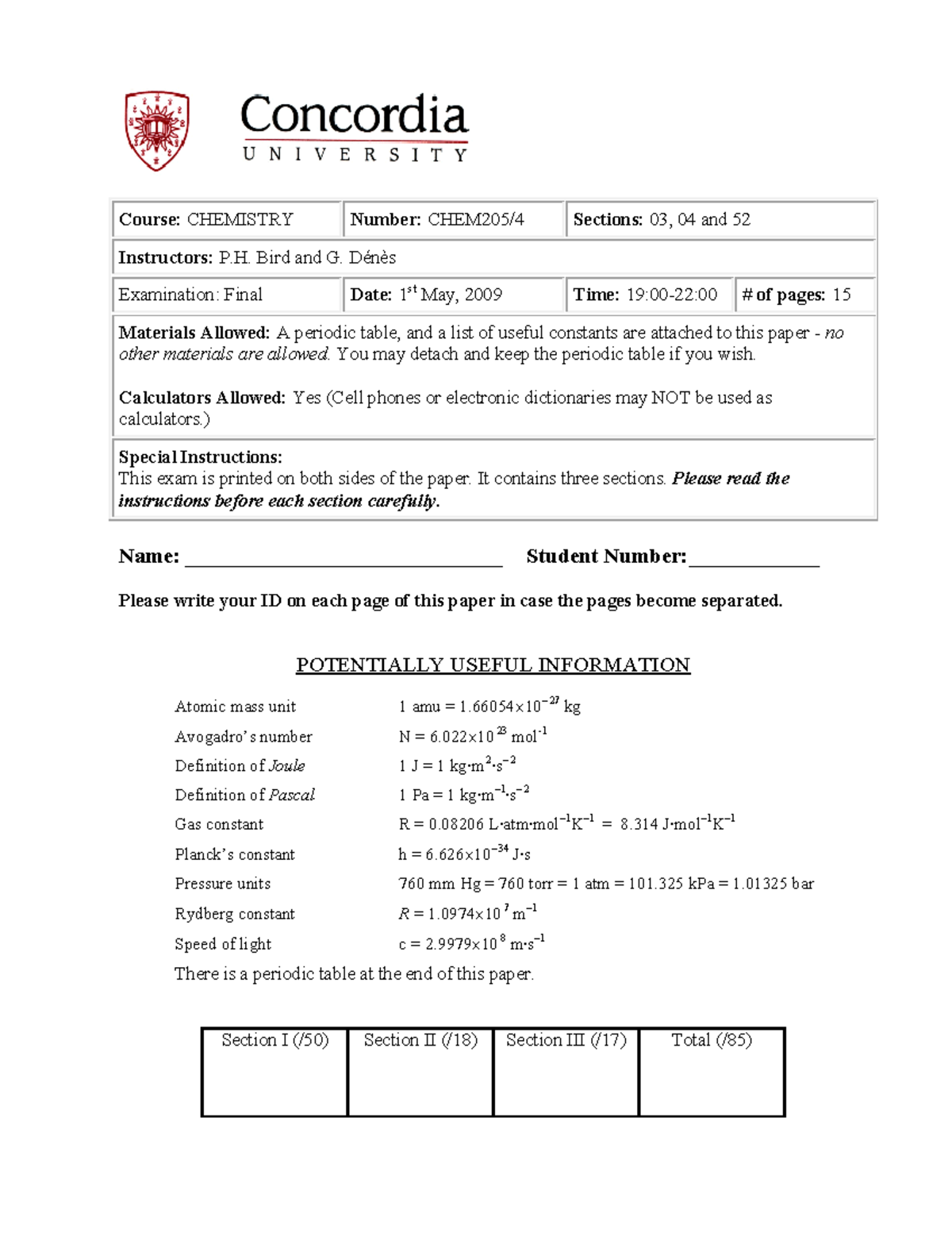 CHEM205 final w09 all sections ans - Course: CHEMISTRY Number: CHEM205 ...