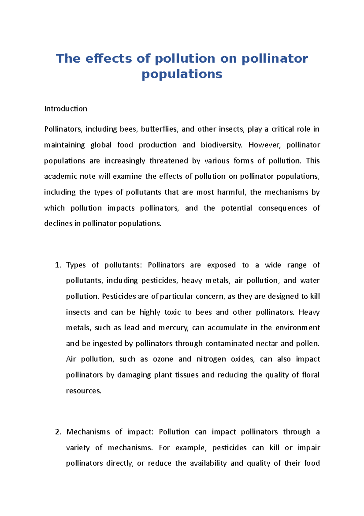 The effects of pollution on pollinator populations - The effects of ...