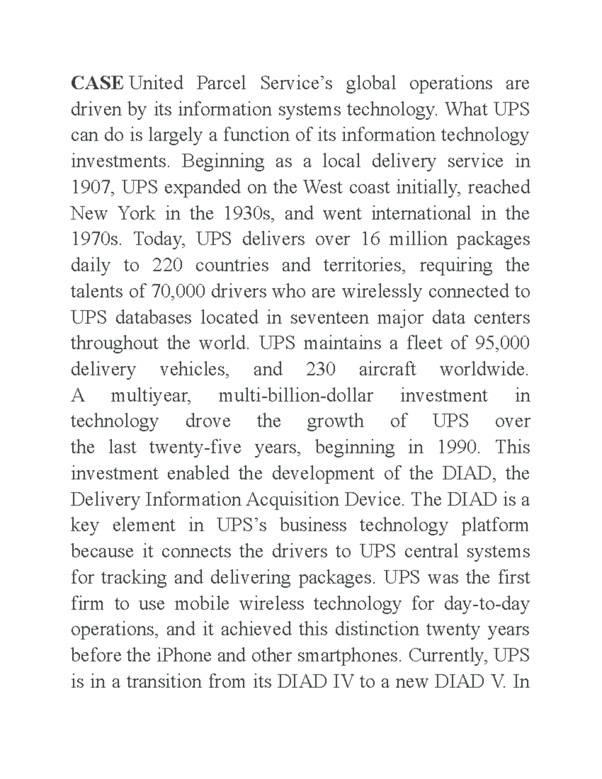 CASE - this is a case study for mis - CASE United Parcel Service’s ...