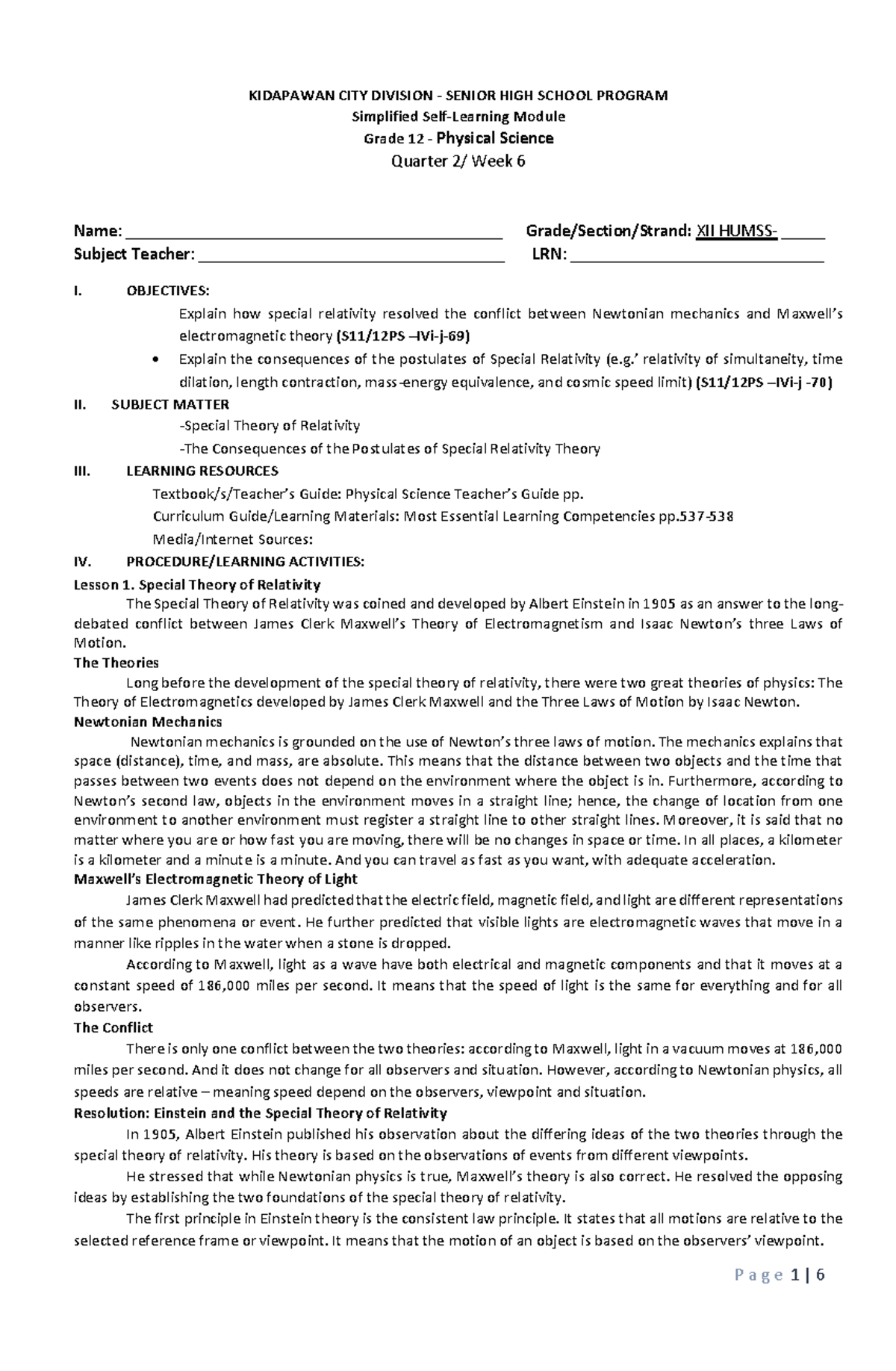 Phy Sci-Q2-W6 - Sci - KIDAPAWAN CITY DIVISION - SENIOR HIGH SCHOOL PROGRAM Simplified Self ...