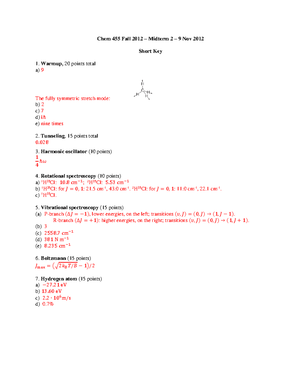 Chem455 Fa2012 midterm 2 shortkey - Chem 455 Fall 2012 – Midterm 2 – 9 Nov 2012 Short Key Warmup ...