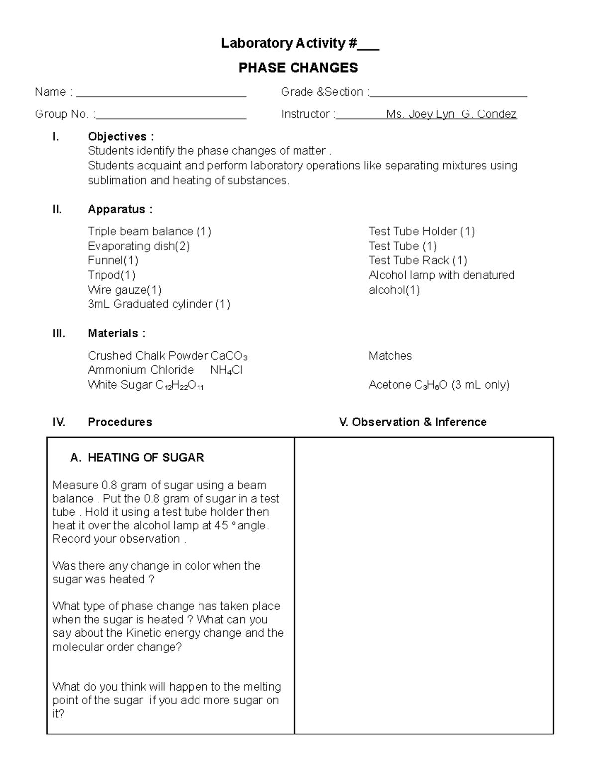 Laboratory Activity Phase Changes - Laboratory Activity #___ PHASE ...