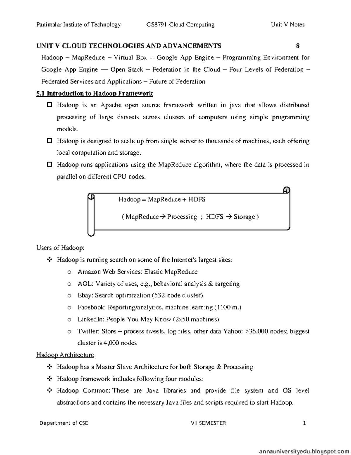 Unit 5-Cloud - study pdf - Department of CSE VII SEMESTER 1 UNIT V CLOUD TECHNOLOGIES AND - Studocu