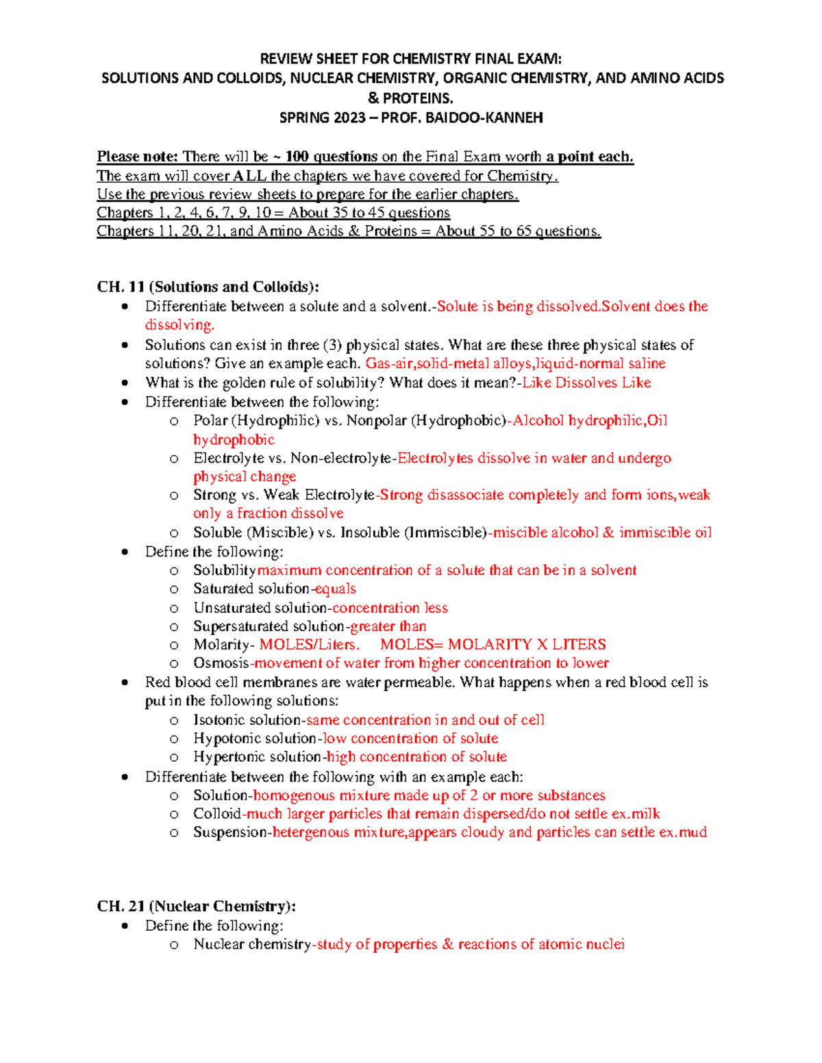 Review Sheet for Chemistry Final Exam Sections 1 & 3 - SOLUTIONS AND ...