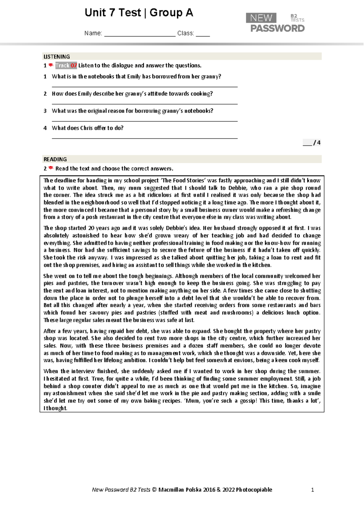 New Password B2 UT 7A - TESTY - Unit 7 Test | Group A Name ...