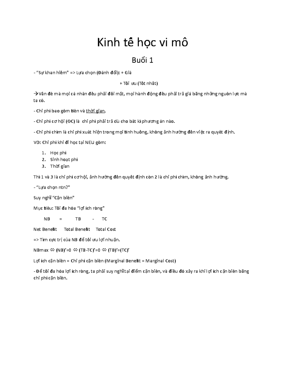 Kinh Tế Vi Mô Chương 1 - 3262324 - Kinh tếế h c vi môọ Bu i 1ổ “S ự khan hiếếm” => L a ch n ...
