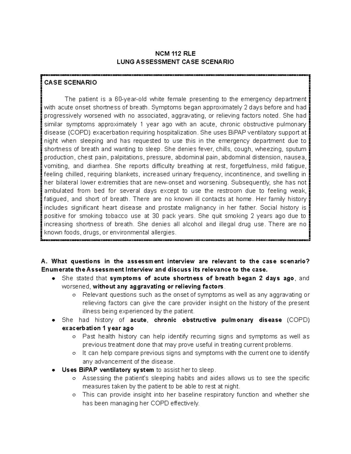 Lung Assessment Case - NCM 112 RLE LUNG ASSESSMENT CASE SCENARIO CASE ...