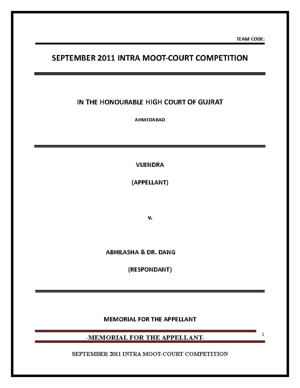 157923426 Moot court memo - TEAM CODE: SEPTEMBER 2011 INTRA MOOT-COURT ...