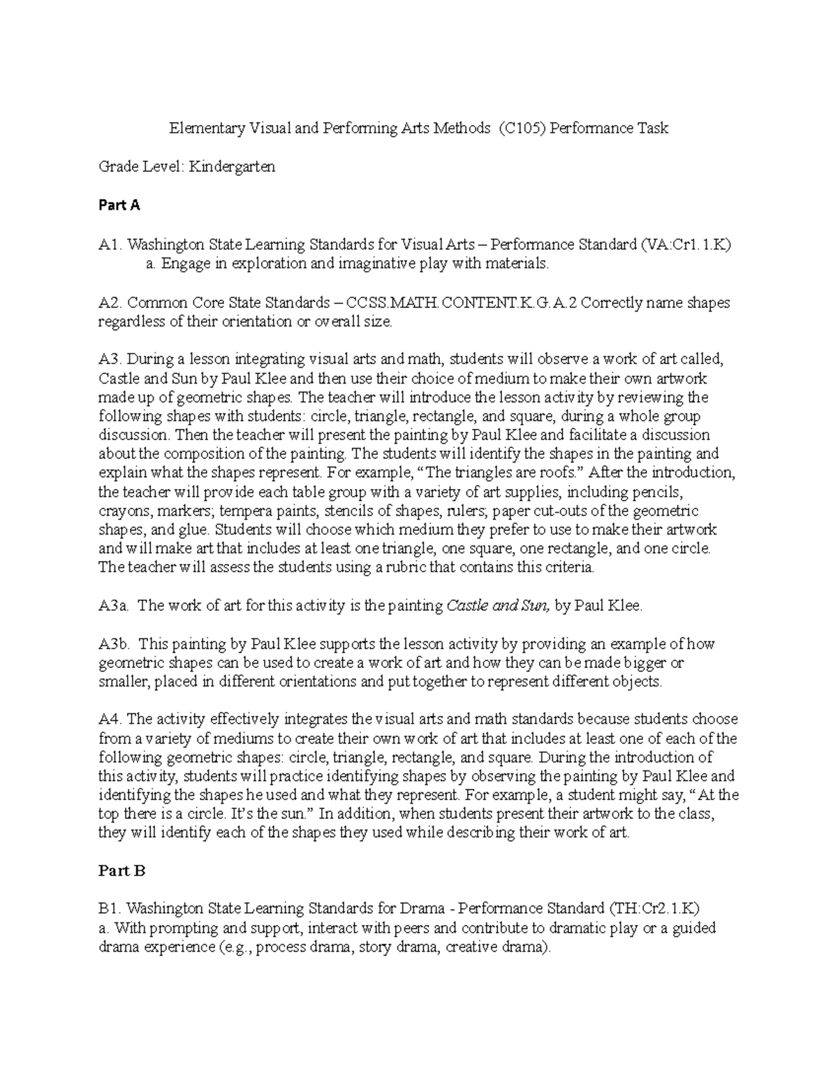 C105 Art Methods Performance Task - Elementary Visual and Performing Arts Methods (C105 ...