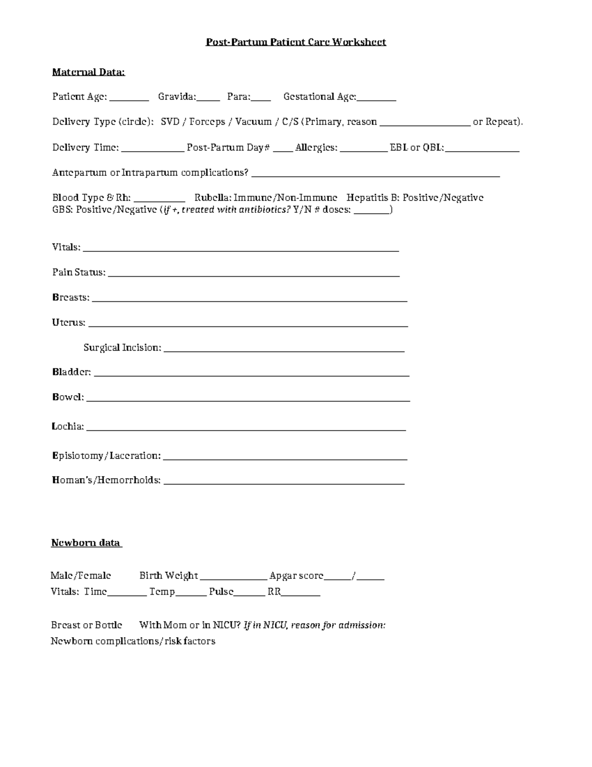 Post Partum Patient Care Worksheet Sp 24 - Post-Partum Patient Care ...