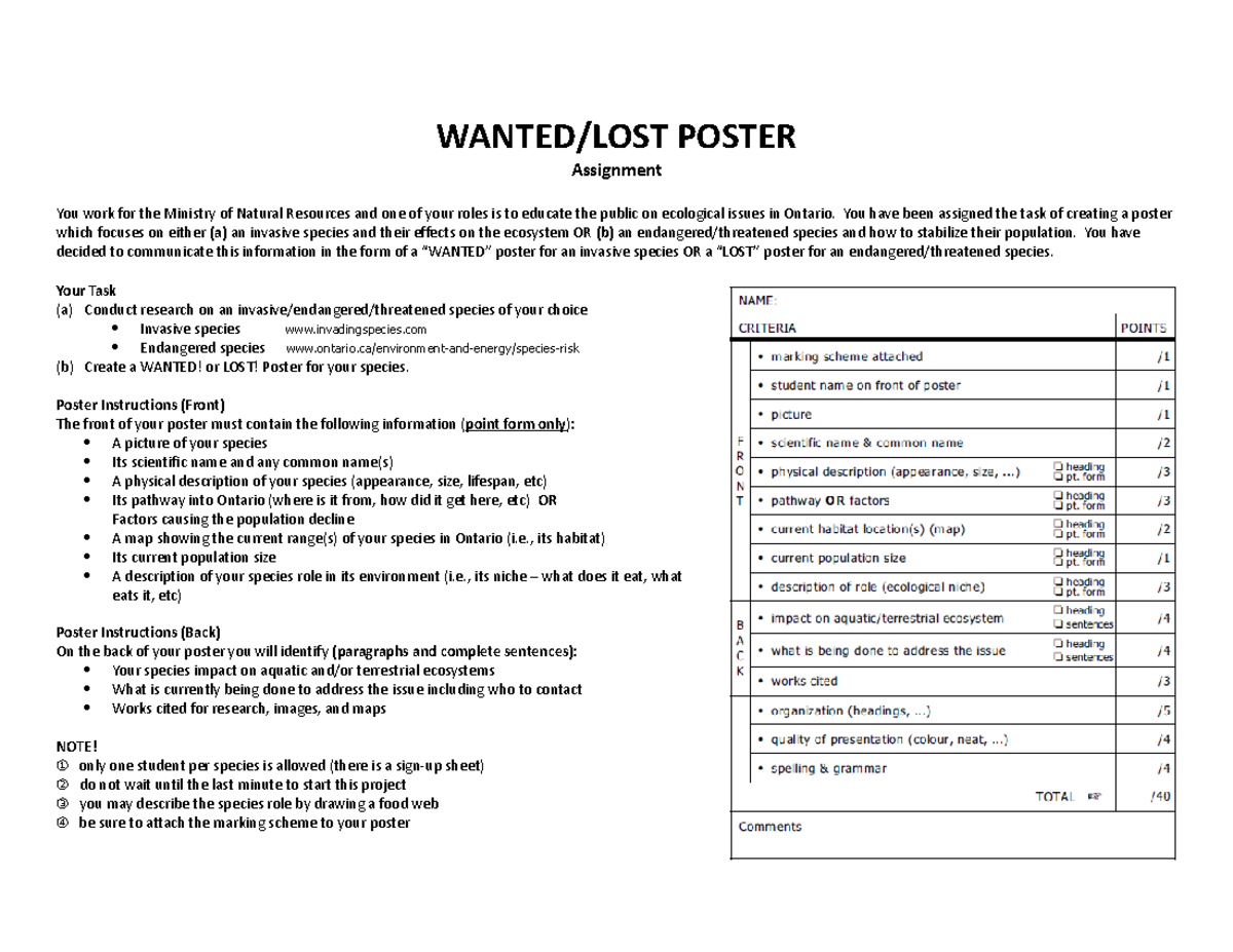 2.7C - Assignment - Wanted or Lost Poster marking scheme - WANTED/LOST ...