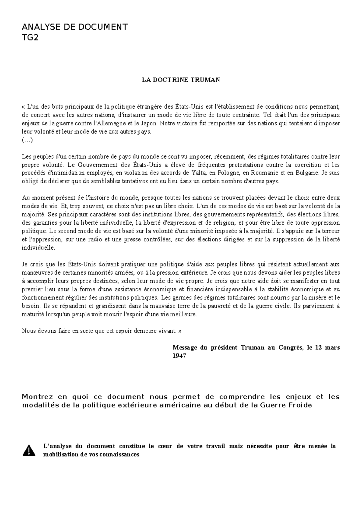 Analyse DE Document TG2 - ANALYSE DE DOCUMENT TG LA DOCTRINE TRUMAN « L ...